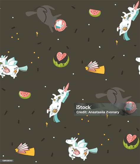 손으로 그린된 벡터 추상적인 그래픽 창작 만화 일러스트 원활한 패턴 우주인 유니콘 문신 올드 스쿨 Pegasust와 검은 Backgroun에 고립 된 우주에 있는 행성 0