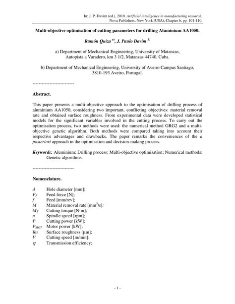 Pdf Multi Objective Optimisation Of Cutting Parameters For Drilling