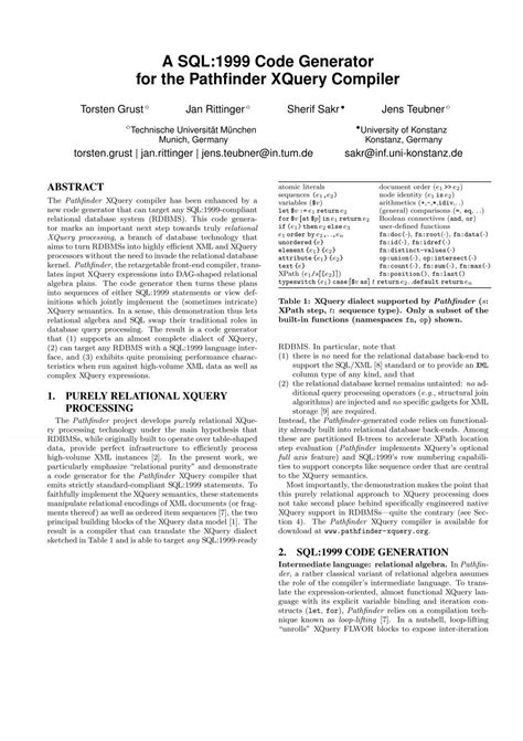 A SQL 1999 Code Generator For The Pathfinder XQuery CiteSeer