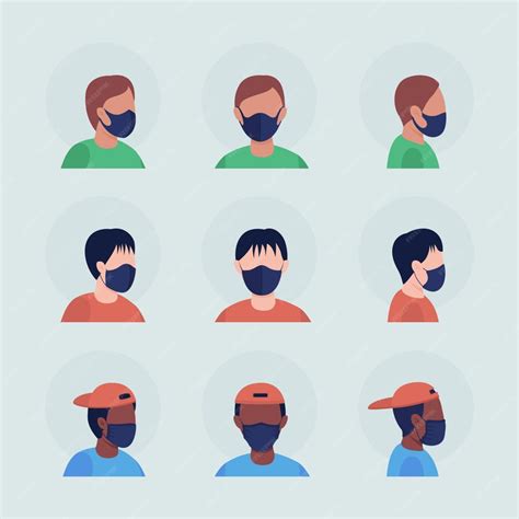 검은색 마스크를 가진 소년들은 반평면 컬러 벡터 캐릭터 아바타 세트를 가지고 있습니다 전면 및 측면 보기에서 인공 호흡기와 초상화입니다 그래픽 디자인 및 애니메이션 팩을