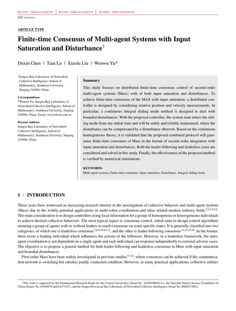 Pdf Finite‐time Consensus Of Multiagent Systems With Input Saturation