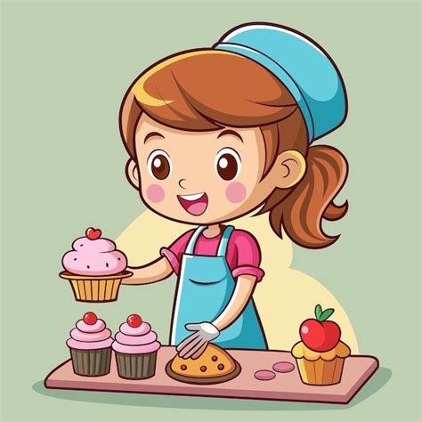 Premium Vector Adorable Girl Baking Cupcakes Cartoon Vector