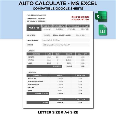 Pay Stub Spreadsheet Template Earnings Statement Template Excel Google Sheets Payslip