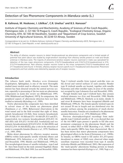 Pdf Detection Of Sex Pheromone Components In Manduca Sexta L