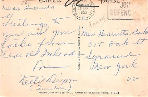 Oconnell Bridge And Oconnell Street Dublin Ireland 1952 Missing Stamp Europe Ireland
