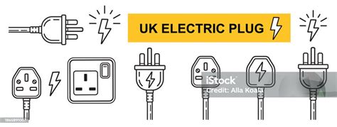 영국 전기 플러그 소켓 영국 전원 콘센트 라인 아이콘 세트 영어 3 핀 Ac 케이블 전기 에너지 전기 장비 와이어 연결 벽 전류 스위치 충전 장치 벡터 3구 플러그에 대한