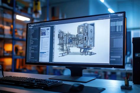 closeup of a computer screen displaying a 3d model of a machine in a