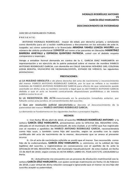 Demanda De Desconocimiento De Paternidad Pdf Demanda Judicial