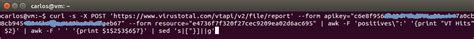 mash that key using curl to retrieve virustotal malware reports in bash