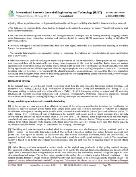 Irjet Reversible Data Hiding Using Histogram Shifting Method A Critical Review Pdf
