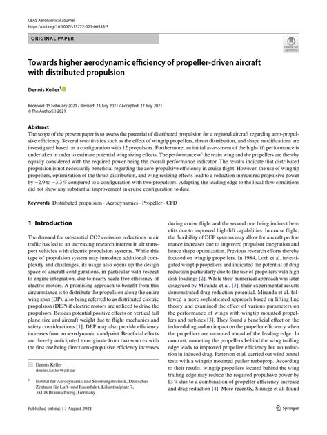 Pdf Towards Higher Aerodynamic Efficiency Of Propeller Driven Aircraft With Distributed Propulsion