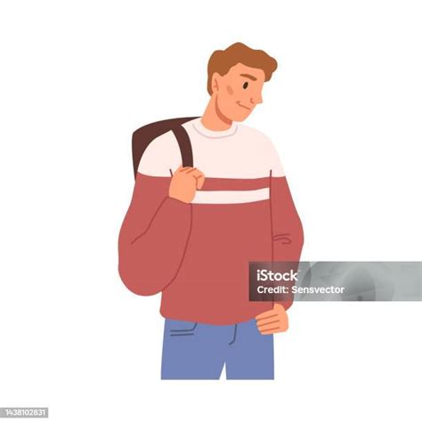 캐주얼한 옷과 배낭을 등에 메고 있는 남성 인물 옆을 바라보는 고립된 학생 편안한 남자 표현 플랫 만화 캐릭터 플랫 스타일의 벡터 건강한 생활방식에 대한 스톡 벡터 아트 및