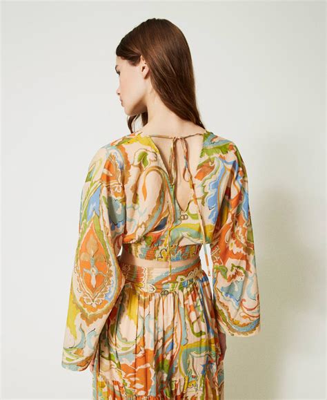 Printed Muslin Cropped Top Woman Beige Twinset Milano