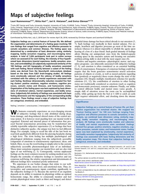 Nummenmaa Et Al 2018 Maps Of Subjective Feelings Pdf Feeling Emotions