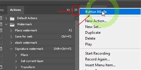 How To Get The Button Mode For Actions In Adobe Photoshop
