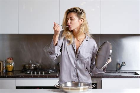 Girl With Cooking Pot Doing Housework Housekeeping Concept Young