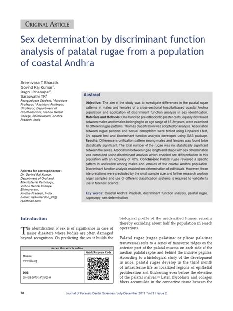 Sex Determination By Discriminant Function Analysis Of Palatal Rugae