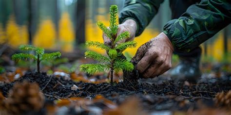 Hands Planting A Pine Tree In A Forest Symbolizing Reforestation And