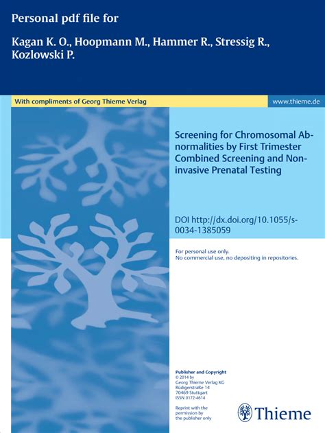 Pdf Screening For Chromosomal Abnormalities By First Trimester Combined Screening And