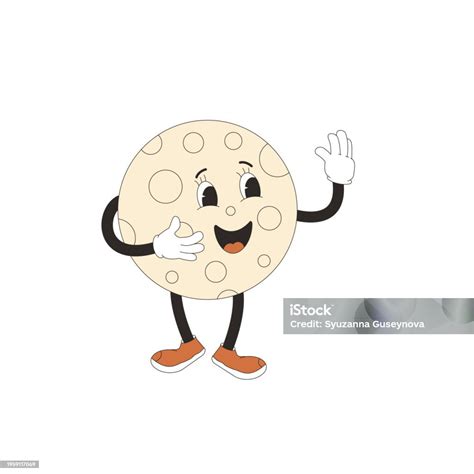 복고풍 스타일로 손을 흔드는 달 만화 캐릭터 흰색 배경에 고립된 웃는 행성 캐릭터입니다 벡터 일러스트 레이 션 1930 1939