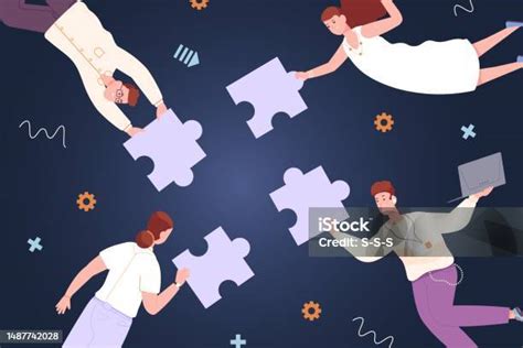 퍼즐을 조립하는 동료들 동료 그룹 빌드 퍼즐 문제에 대한 직원 도움 비즈니스 협력 프로세스 협업 팀워크 또는 팀 빌딩 개념 벡터