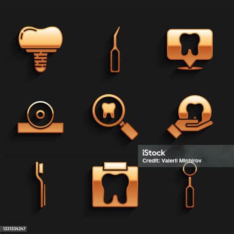 치과 검색 치아 엑스레이 검사 거울 치아 칫솔 이비인후과 헤드 리플렉터 클리닉 위치 및 임플란트 아이콘을 설정합니다 벡터 X 레이에 대한 스톡 벡터 아트 및 기타 이미지