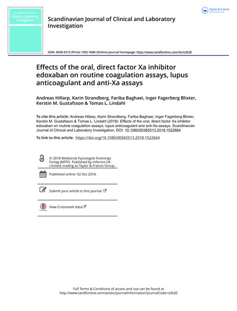 Pdf Effects Of The Oral Direct Factor Xa Inhibitor Edoxaban On