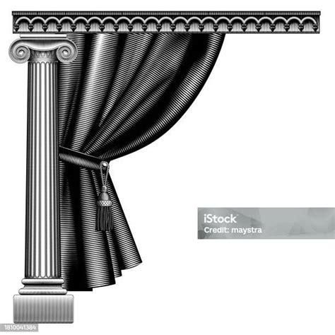 빈티지 조각 흑백 고대 기둥의 양식화 된 그림 술과 장식용 처마 장식이 달린 클래식 커튼 흰색 바탕에 고립 새긴 이미지에 대한