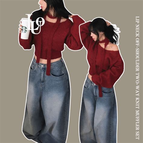 [머플러set 말라핏보장 ] 투웨이 입술 보트넥 오프숄더 허리잘록 소매 벌룬 니트 에이블리