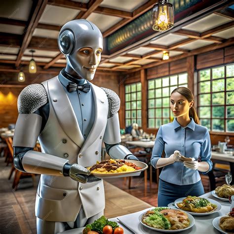 A Futuristic Waiter Robot Serves A Customer In A Restaurant Premium