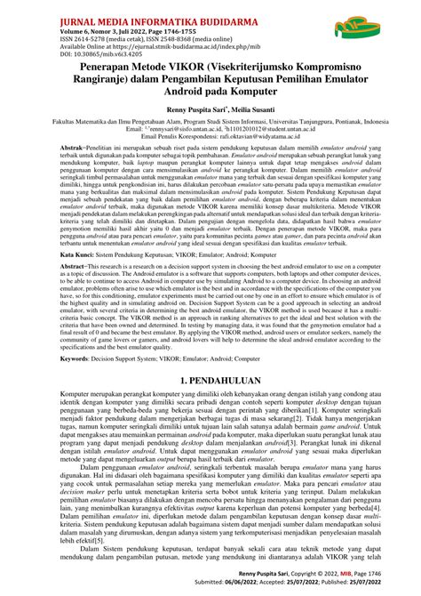 Pdf Penerapan Metode Vikor Visekriterijumsko Kompromisno Rangiranje Dalam Pengambilan