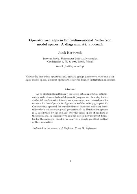 Pdf Operator Averages In Finite Dimensional N Electron Model Spaces