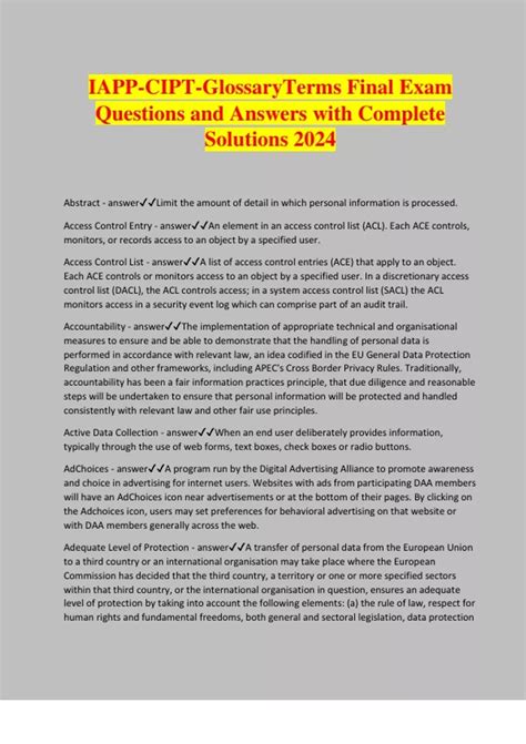 Iapp Cipt Glossaryterms Final Exam Questions And Answers With Complete Solutions 2024 Iapp