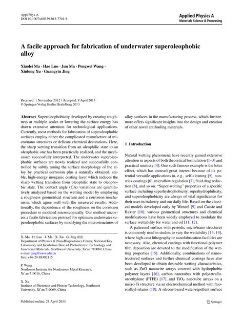 Pdf A Facile Approach For Fabrication Of Underwater Superoleophobic Alloy