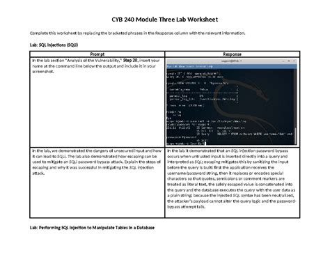 Cyb 240 Module 3 Lab Worksheet Sql Injections And Metasploit Studocu