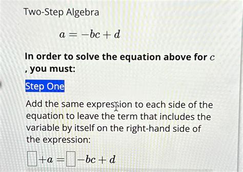 Solved Two Step Algebraa Bc Din Order To Solve The Equation