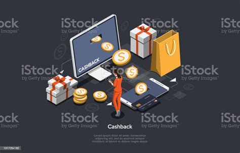 쓰기와 어두운 배경에 등색 3d 벡터 그림 만화 구성 캐시백 및 온라인 돈 반환 개념 스마트 폰에 가는 동전컴퓨터 화면 근처에 서 있는 여자 등측투영법에 대한 스톡 벡터