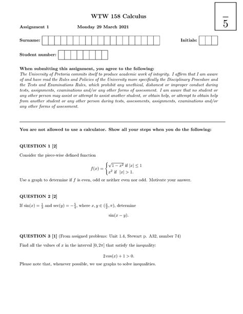 Assignment 1 WTW 158 Calculus Assignment 1 Monday 29 March 2021 Surname Initials Babe