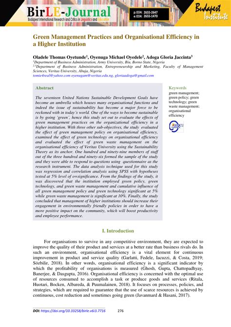 Pdf Green Management Practices And Organisational Efficiency In A