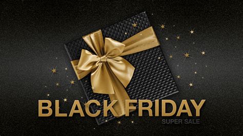 블랙 프라이데이 텍스트와 선물 상자는 검은 반짝이는 반짝이는 별 질감 배경에 고립 된 황금 리본 활 티켓 기프트 카드 판매 및