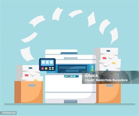 프린터 종이가있는 사무실 기계 문서 스택 스캐너 복사 장비 다기능 장치 상자 골판지 상자가있는 서류 팩스에 대한 스톡 벡터 아트