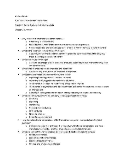 Chapter 3 Summary Marissa Lymon Busa 2105 Introduction To Business Chapter 3 Doing Business In
