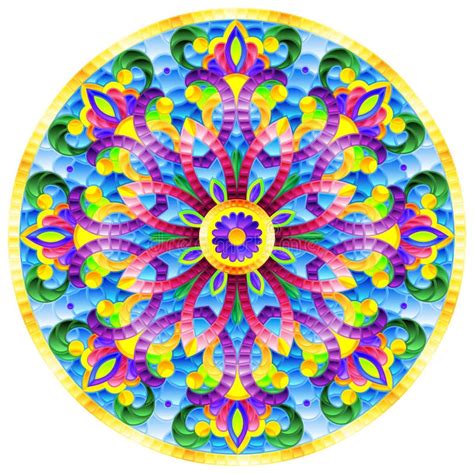 Stained Glass Illustration With Abstract Patterns And Flowers Round