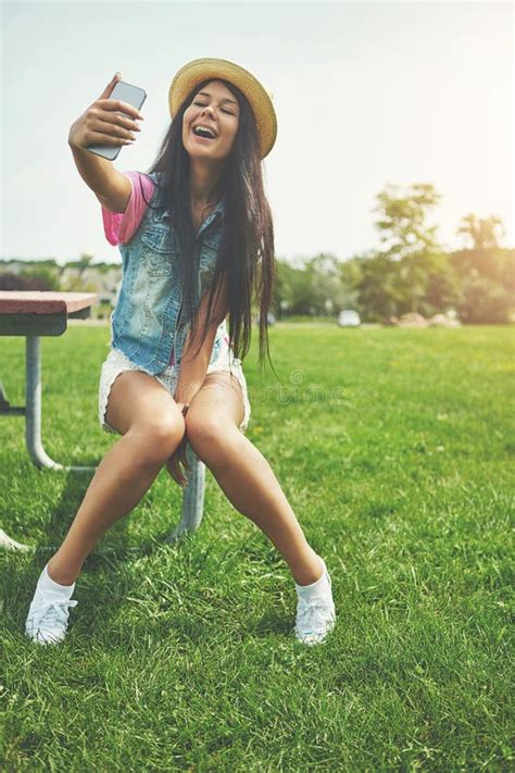 Outdoor Girl And Selfie With Attitude In Park For Profile Picture On