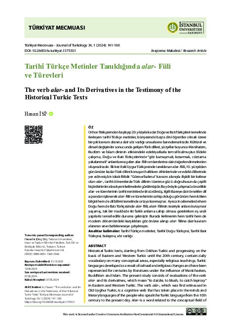 Pdf Tarihî Türkçe Metinler Tanıklığında Alar Fiili Ve Türevleri The Verb Alar And Its