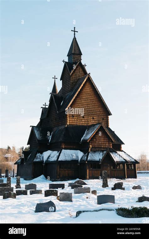 Heddal Stave Church In Notodden Norway In Winter Covered With Snow