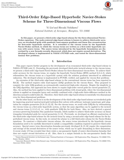 Pdf Third Order Edge Based Hyperbolic Navier Stokes Scheme For Three Dimensional Viscous Flows