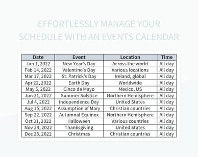 Free Event Calendar Templates For Google Sheets And Microsoft Excel Slidesdocs