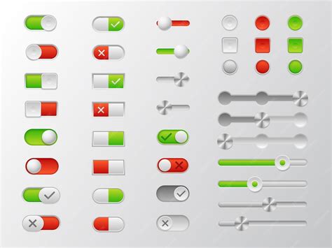 켜기 및 끄기 스위치 단추 Ui 디자인 실제 메뉴 요소 빨간색 및 녹색 표시가 있는 웹 슬라이더 3d 대시보드 전원 전환기 앱 인터페이스 회전 아이콘 벡터 패널 토글 세트