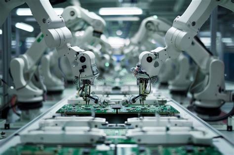 Advanced Robotic Arms Assembling Circuit Boards In A Tech Factory Stock Image Image Of